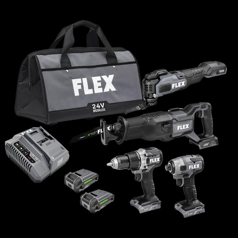 FLEX 24-volt 4-Tool Brushless Power Tool Combo Kit with Soft Case (2 ...