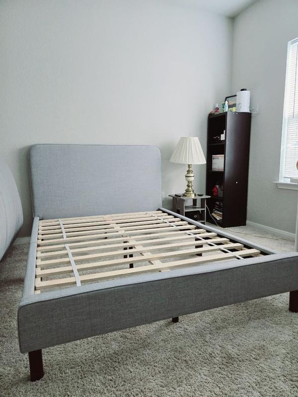 Martha Stewart Britta Gray Fabric/Walnut Legs Queen Wood Platform Bed ...