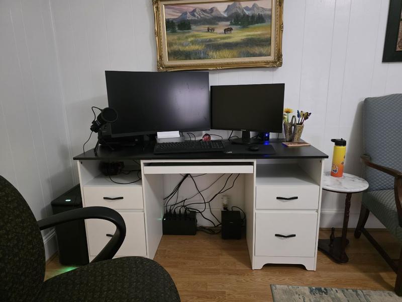 Bestier 59.06-in W White Executive Hutch Desk with Drawers and Charge ...