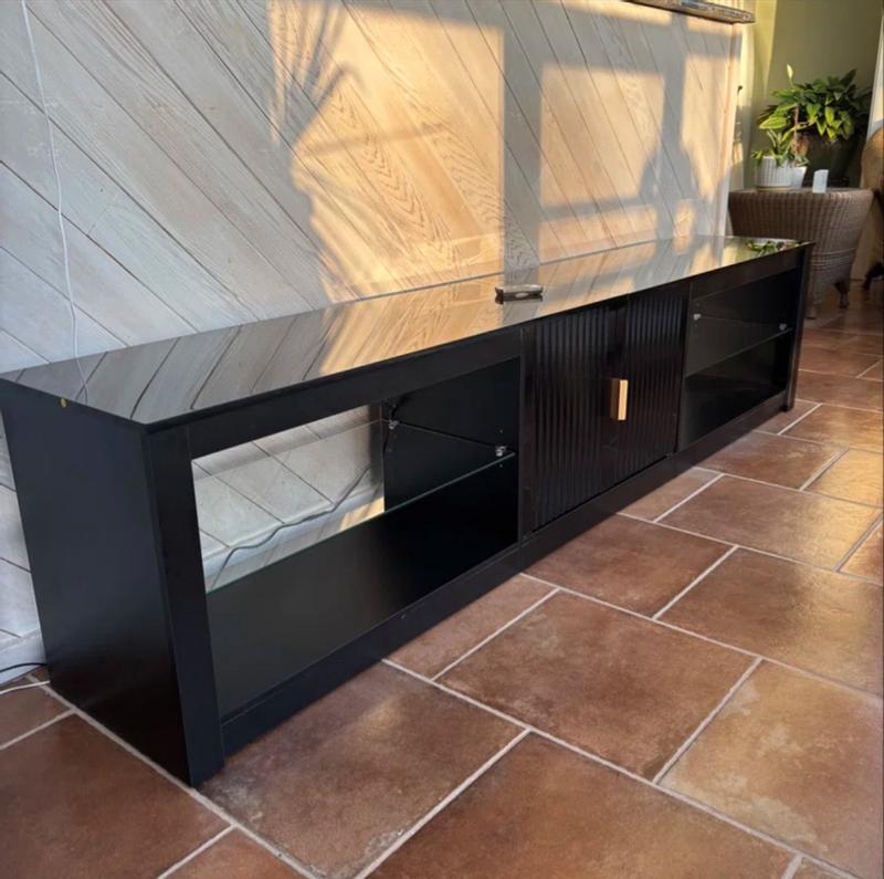 Bestier 70.9-in W Walnut LED TV Stand with Adjustable Glass Shelves and ...