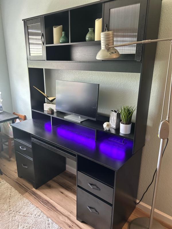 Bestier 59.06-in W Black Executive Hutch Desk with Drawers and Charge ...