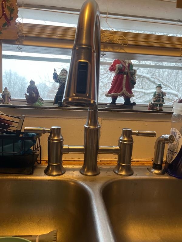 Delta Renaldi Matte Black Double Handle Bridge Kitchen Faucet with ...