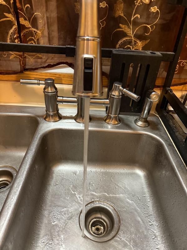 Delta Renaldi Lumicoat Champagne Bronze Double Handle Bridge Kitchen ...