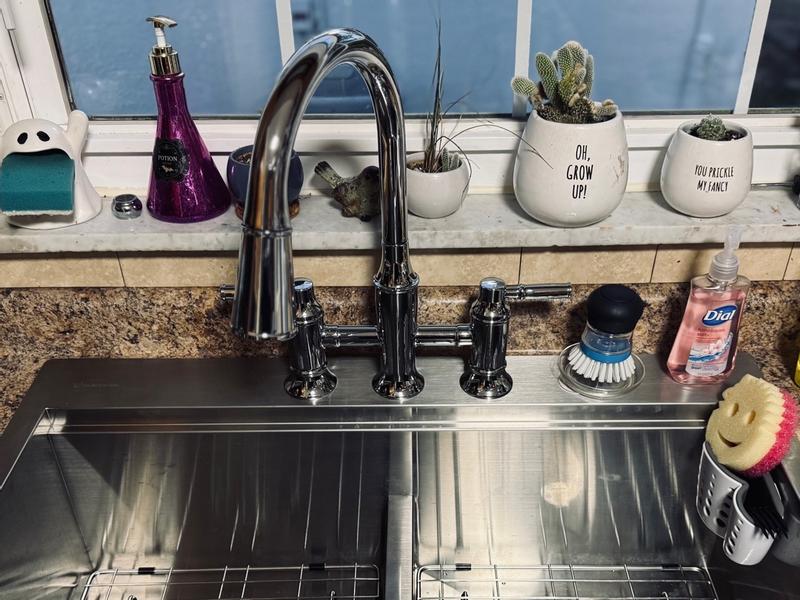 Delta Renaldi Lumicoat Champagne Bronze Double Handle Bridge Kitchen ...