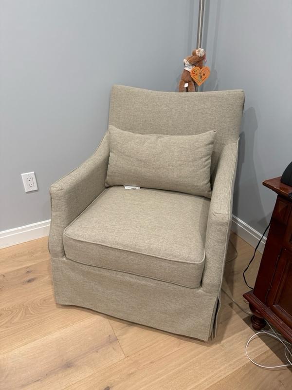 Martha Stewart London Upholstered Skirted Swivel Armchair with Lumbar Pillow Designer Living
