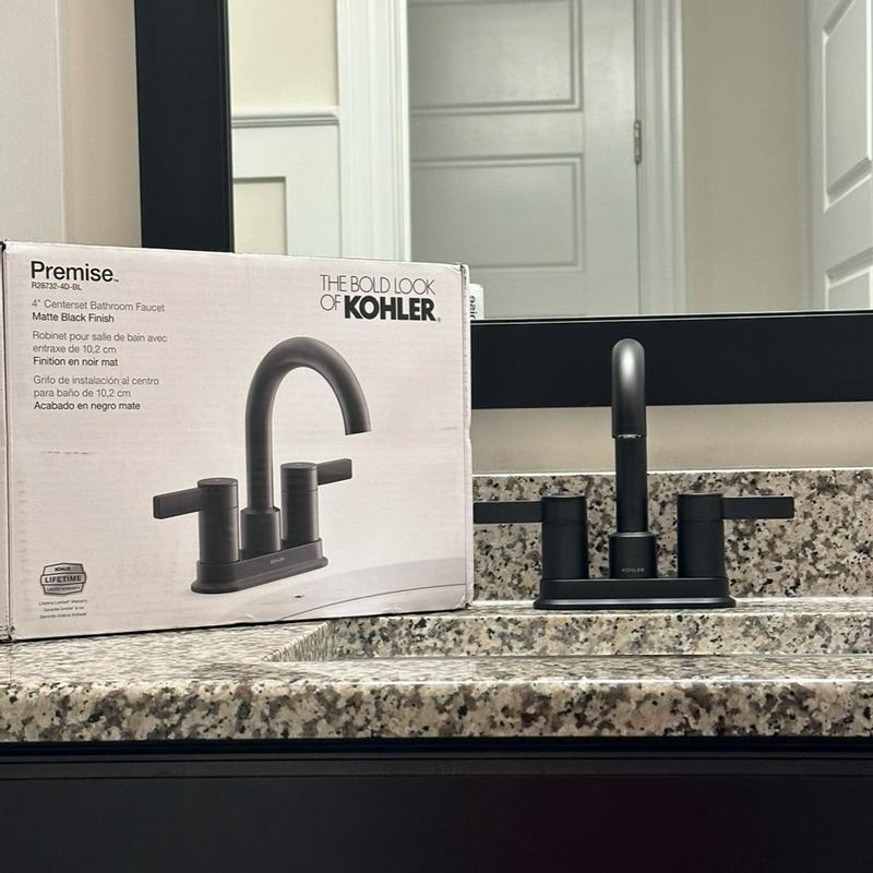 KOHLER Premise Matte Black 4-in centerset 2-Handle WaterSense Bathroom Sink Faucet with Drain ...