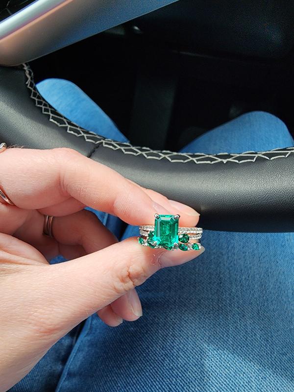 Octagon-Cut Lab-Created Emerald & White Lab-Created Sapphire Ring ...