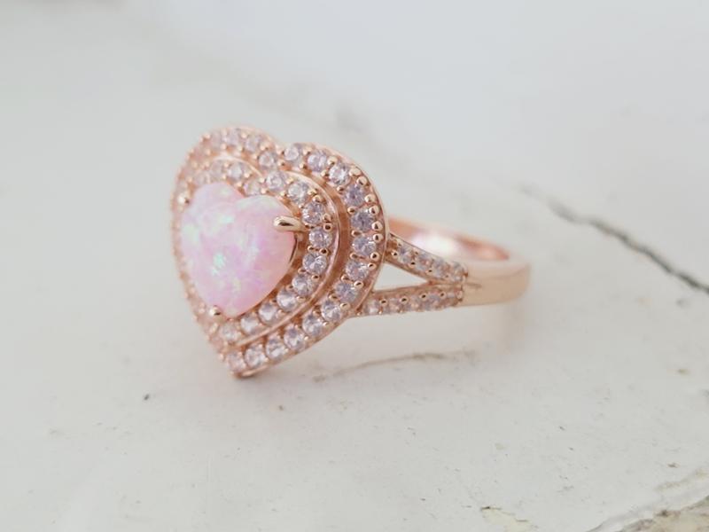Pink Lab-Created Opal & White Lab-Created Sapphire Heart Ring 10K Rose ...