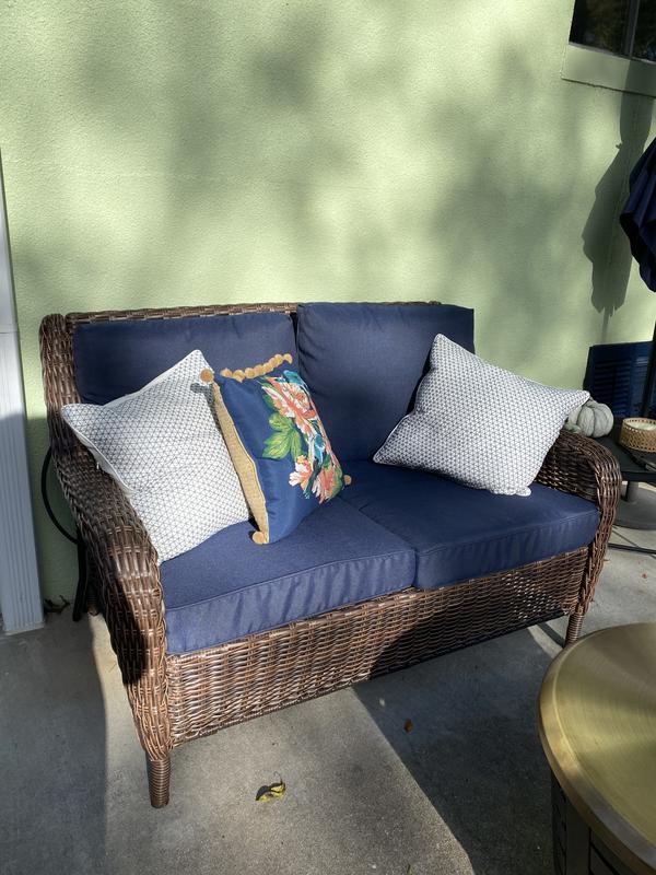 Hampton bay cambridge brown wicker outdoor patio loveseat with standard midnight navy blue cushions store
