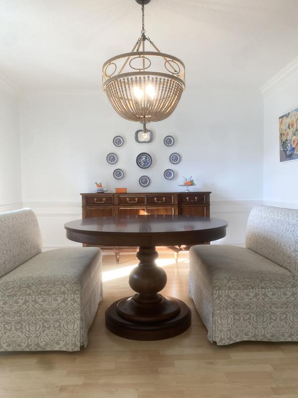 Have a question about Home Decorators Collection Greymont Walnut Brown Finish Round Pedestal Dining Table for 6 47.6 in. L x 29.8 in. H Pg 4 The Home Depot