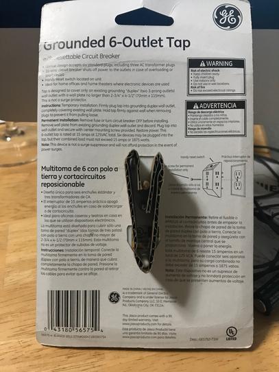 GE 6-Outlet Grounded Tap with Resettable Circuit Breaker, White 56575 ...