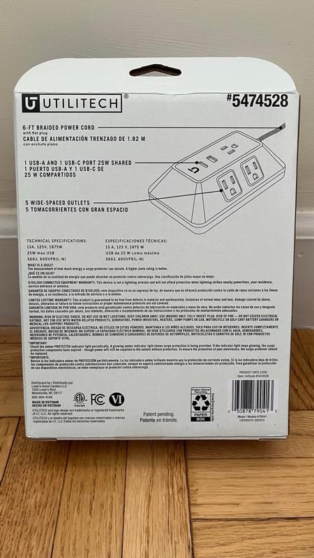 Utilitech 6-ft Surge Protector 5-Outlet 560 Joules 1800-Watt Black ...