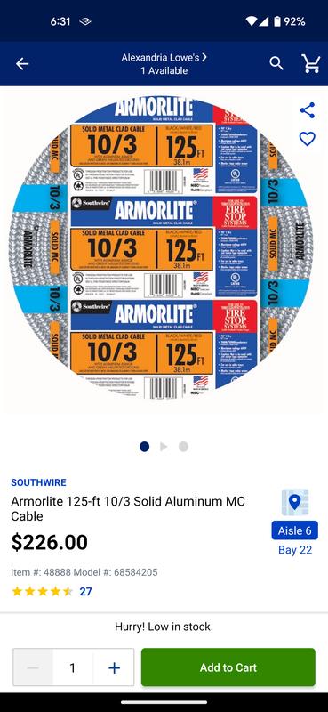 Southwire Armorlite 125-ft 10 / 3 Solid Aluminum MC Cable (Metal Clad ...