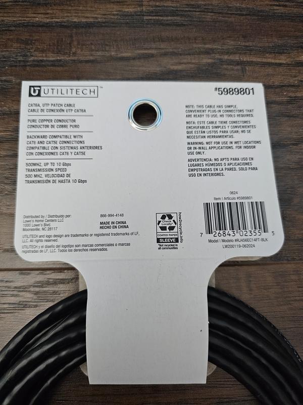 Utilitech 3-ft Cat 6A Black Ethernet Cable RJ456EC3FT-BLK at Lowes.com