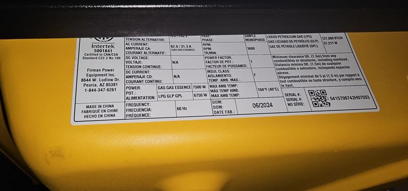 Firman Hybrid 9400 / 7500-Watt Dual Fuel (Gasoline/Propane) Portable ...