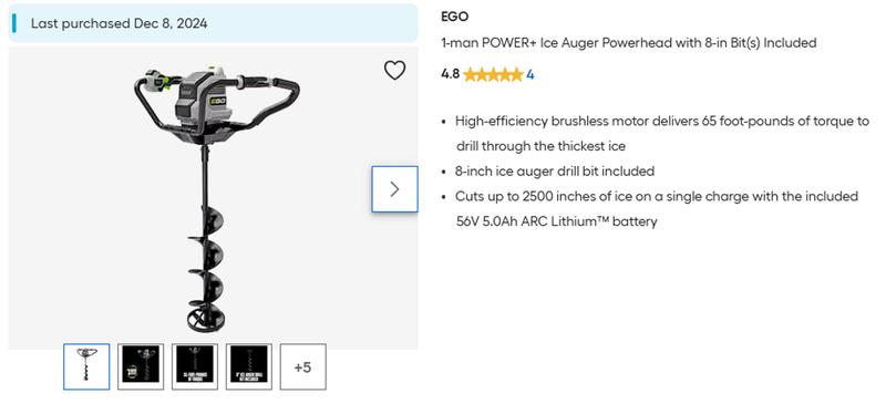 EGO 1-man POWER+ Ice Auger Powerhead with 8-in Bit(s) Included (Battery ...