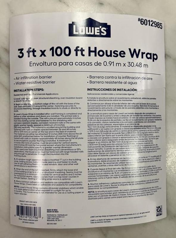 Lowe's 3-ft x 100-ft Water Resistant UV Resistant House Wrap 300-sq ft ...