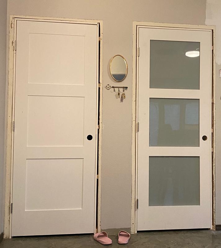 RELIABILT 30-in x 80-in Primed Solid core 3-panel Frosted glass Left hand Smooth Primed Pine ...