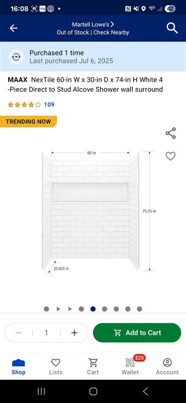 MAAX NexTile 60-in W x 30-in D x 74-in H White 4-Piece Direct To Stud ...