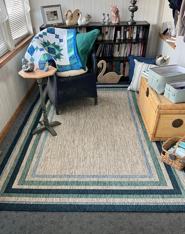 allen + roth with STAINMASTER Blue Green Border 6 X 9 (ft) Blue-green ...