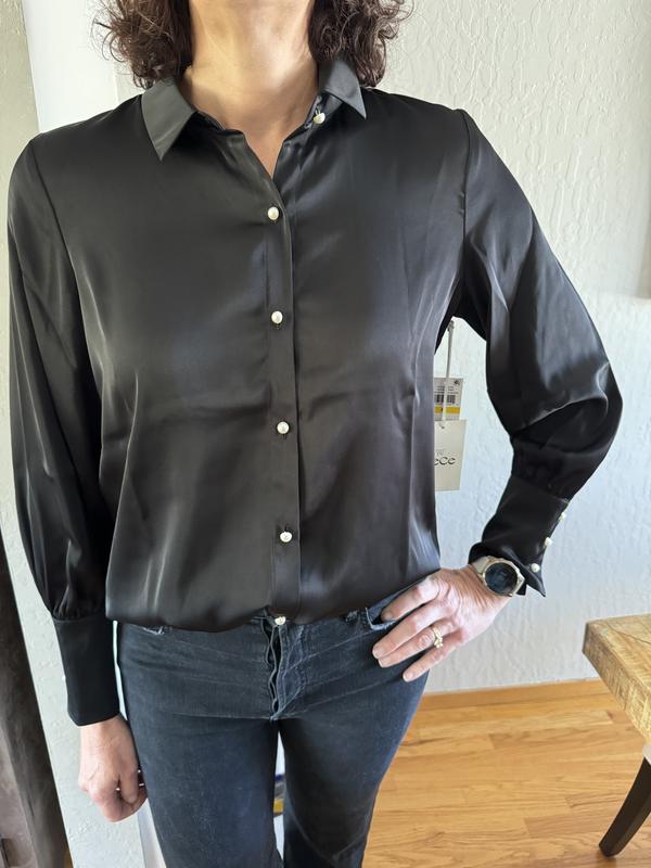 CeCe Women's Luxe Satin Imitation Pearl Button Down Blouse - Macy's