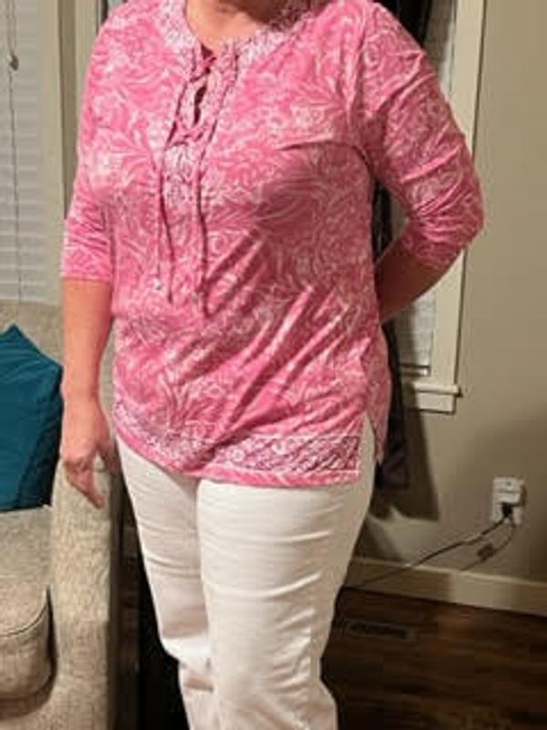 JM Collection Women's Printed 3/4 Sleeve Lace-Up Knit Top, Created for ...