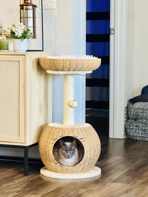 YAHEETECH 29.5-in Plush Rattan Cat Tree & Condo, Beige - Chewy.com