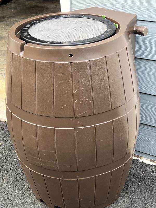 FCMP Outdoor 50-Gallon Brown Plastic Rain Barrel Spigot in the Rain ...