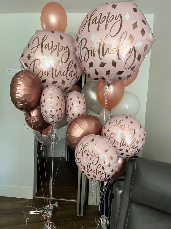 Blush Birthday "Happy Bday" Round/Orbz Satin Foil Balloon Bouquet, Rose ...