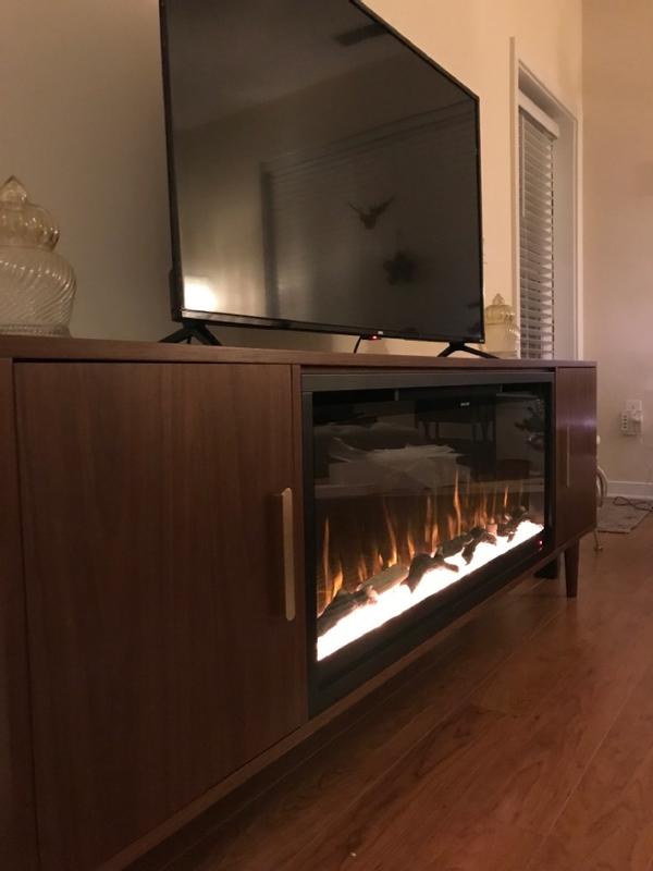 Modern Ember 75 W Marcel Walnut TV Stand with Fan-forced Flat wall with ...