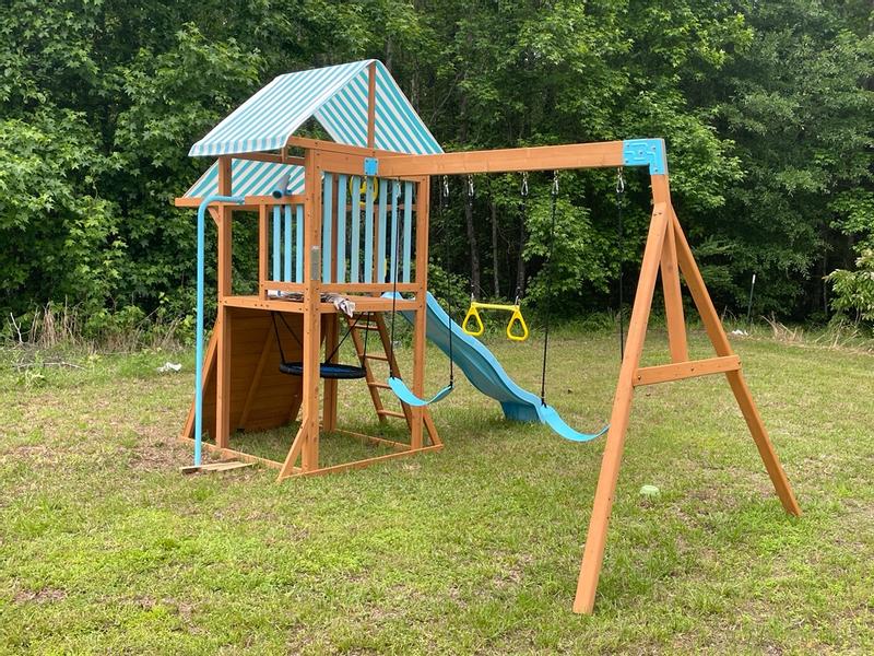 Teamson Kids SwingScape Residential Wood Swing set with 4 Swings and Slide Included in the Wood ...