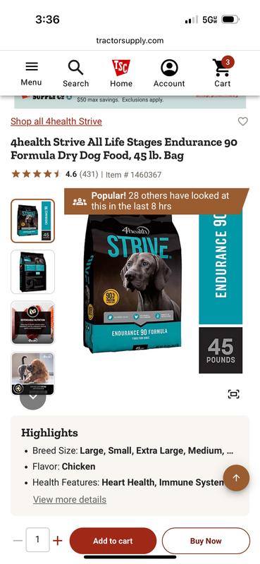 4health Strive All Life Stages Endurance 90 Formula Dry Dog Food, 45 lb ...