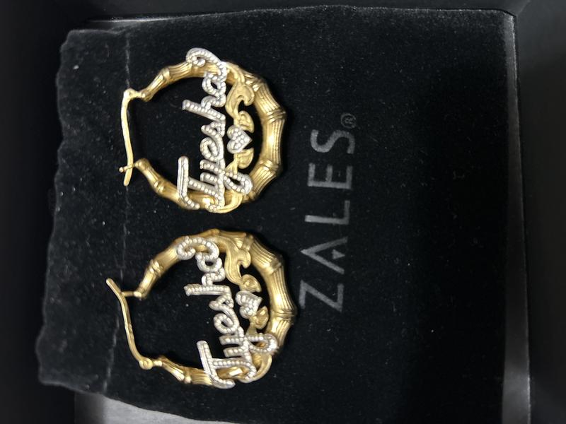 Two Tone Bamboo Name Hoop Earrings in Sterling Silver with 24K Gold Plate 10 Characters Zales